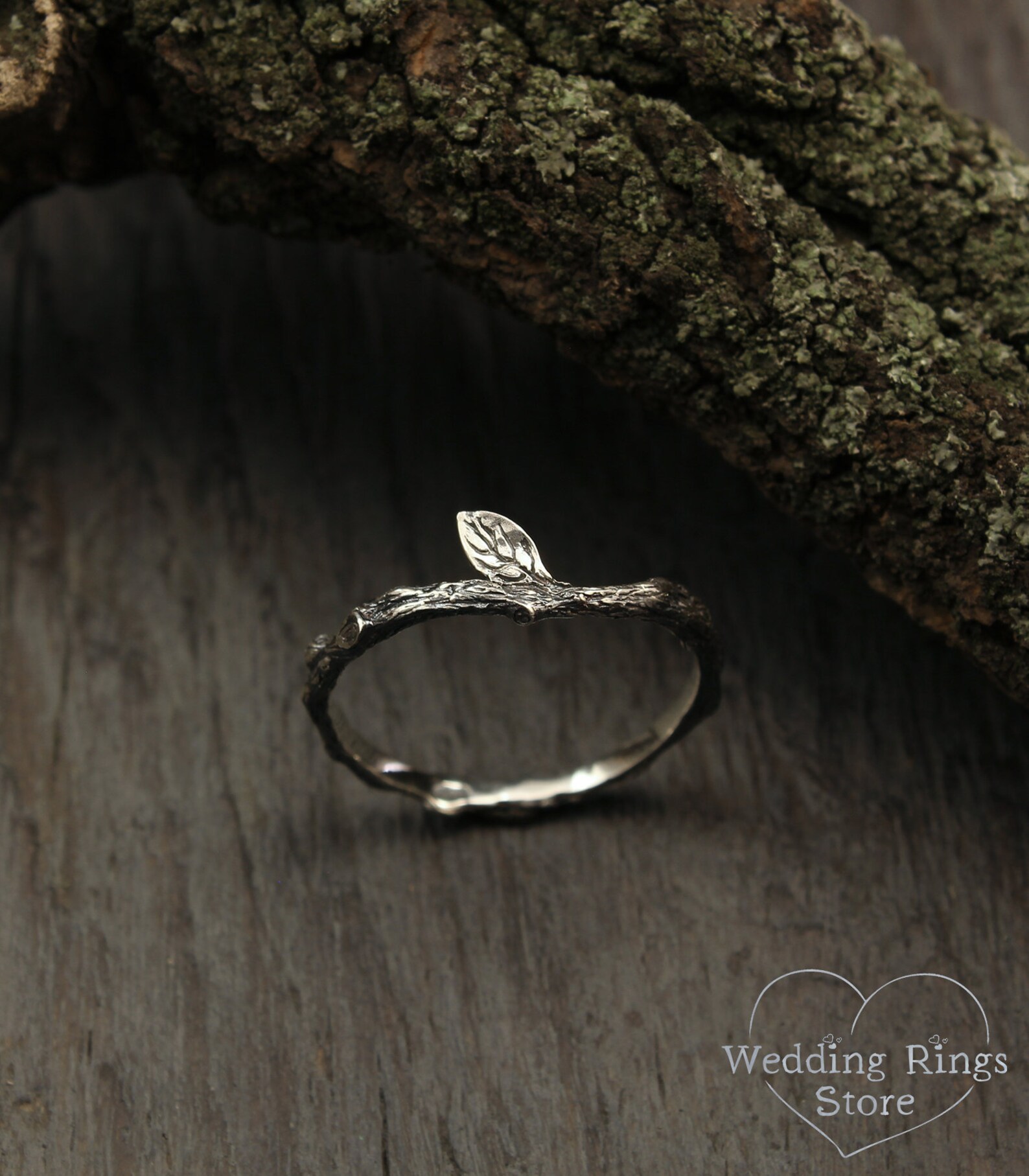 Tiny Branch and Leaf Ring Dainty Tree Bark Wedding Band Leaf - Etsy