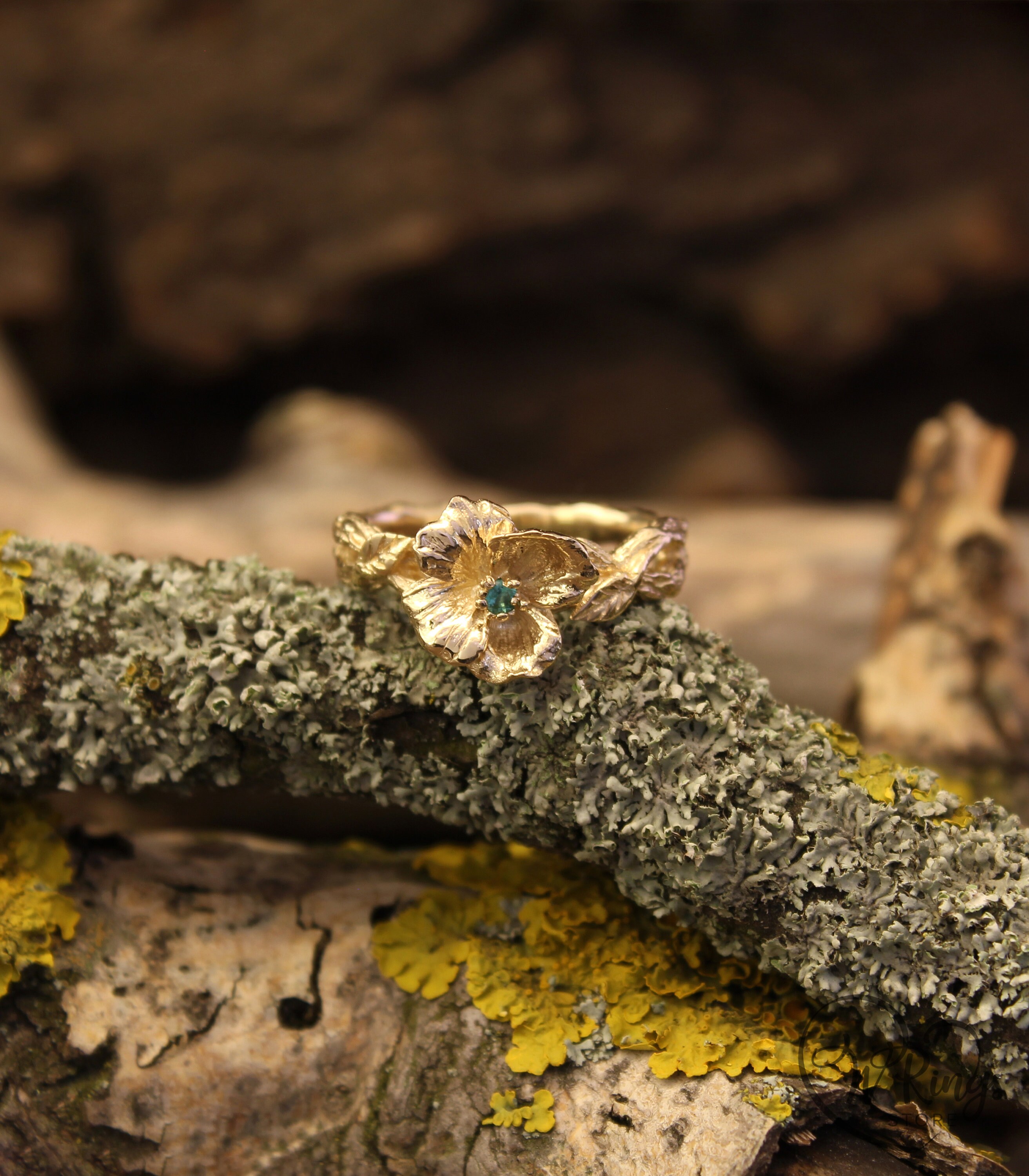 Flower & Leaf on a Twig Gold Ring With Emerald, Unique Branch and ...