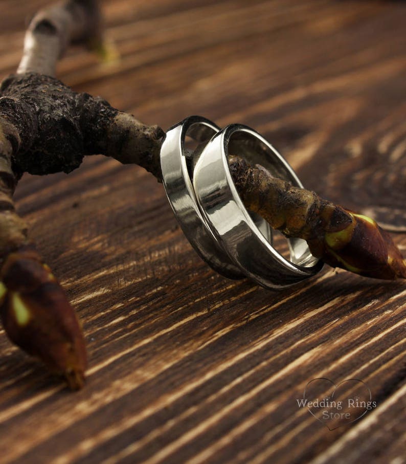 Simple Engagement Ring Set Couple Silver Rings Plain Silver | Etsy