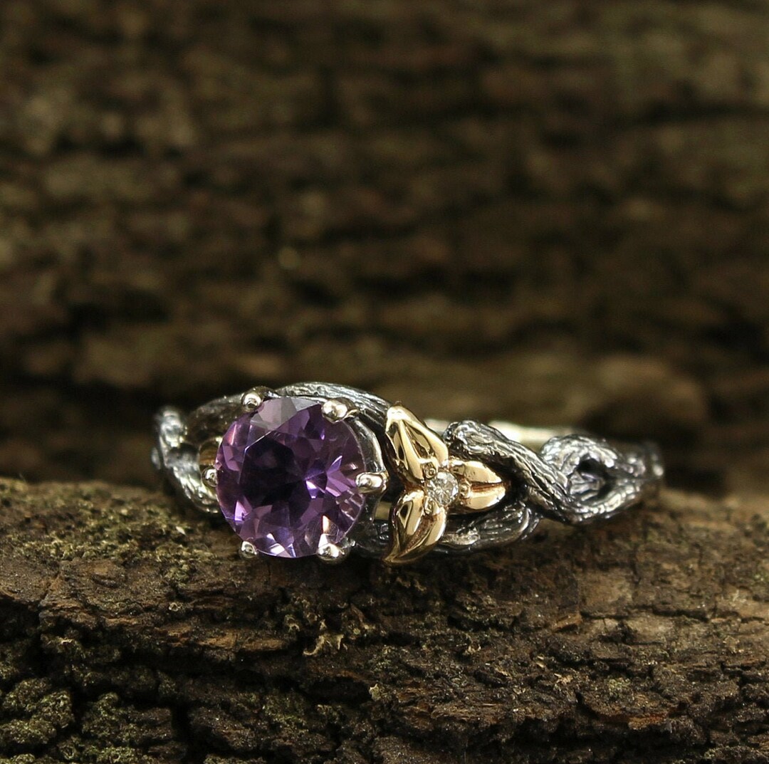 Unusual Twig Engagement Ring With Amethyst, Mixed Metals Branch Ring ...