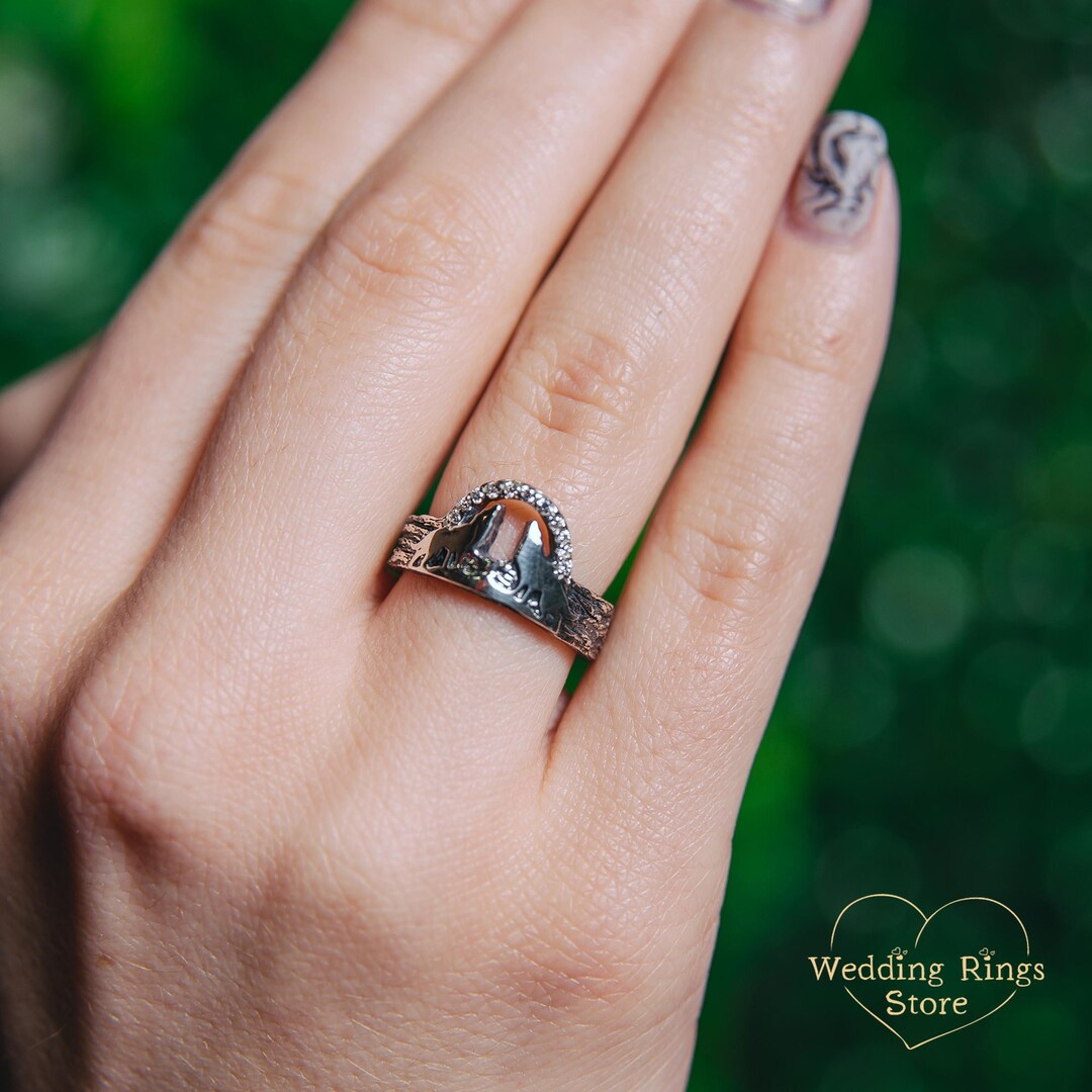 Silver Wolf Wedding Ring for Women With White Gemstones Howling Wolves ...