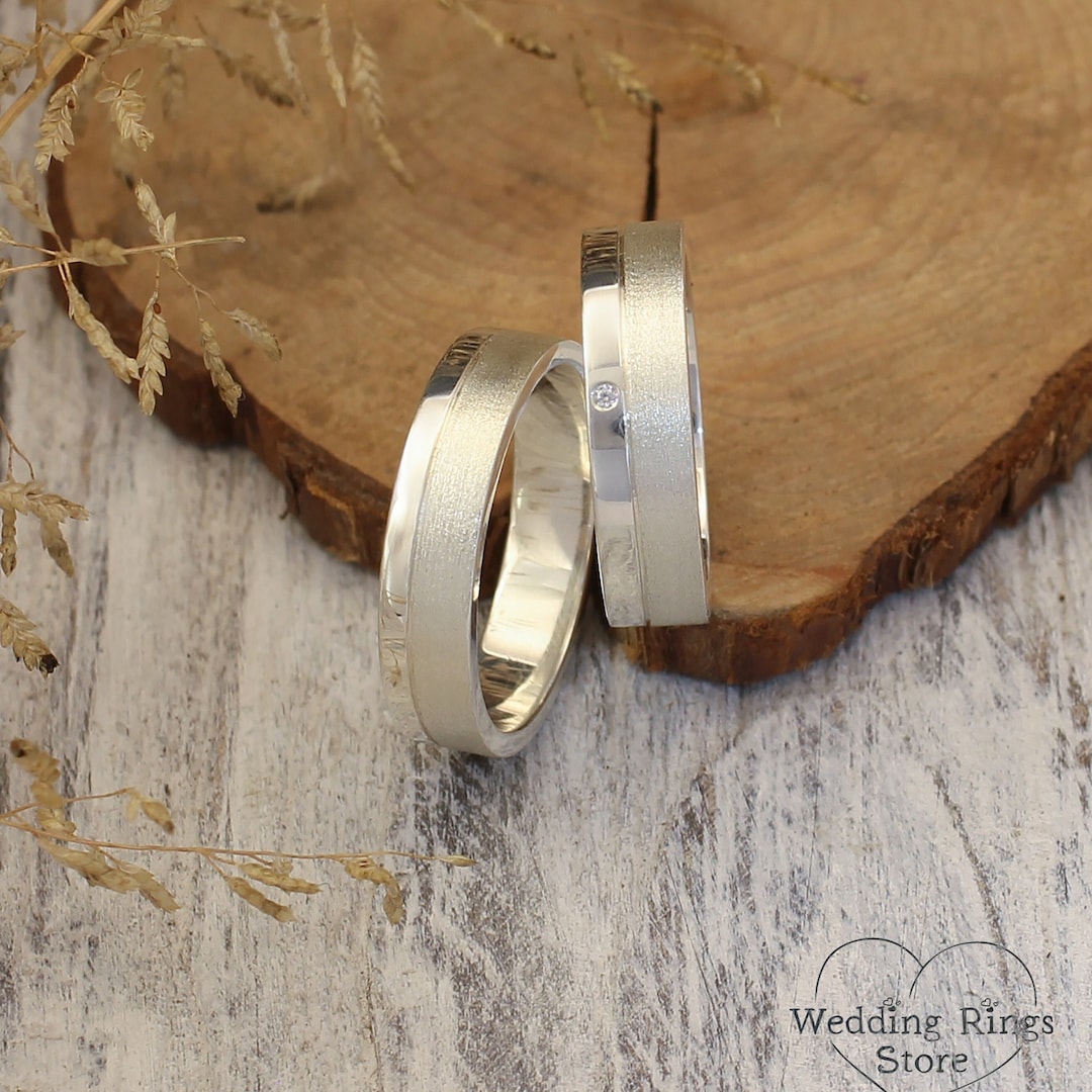 Two Tone Silver & Diamond Unique Wedding Ring Set His and Hers ...