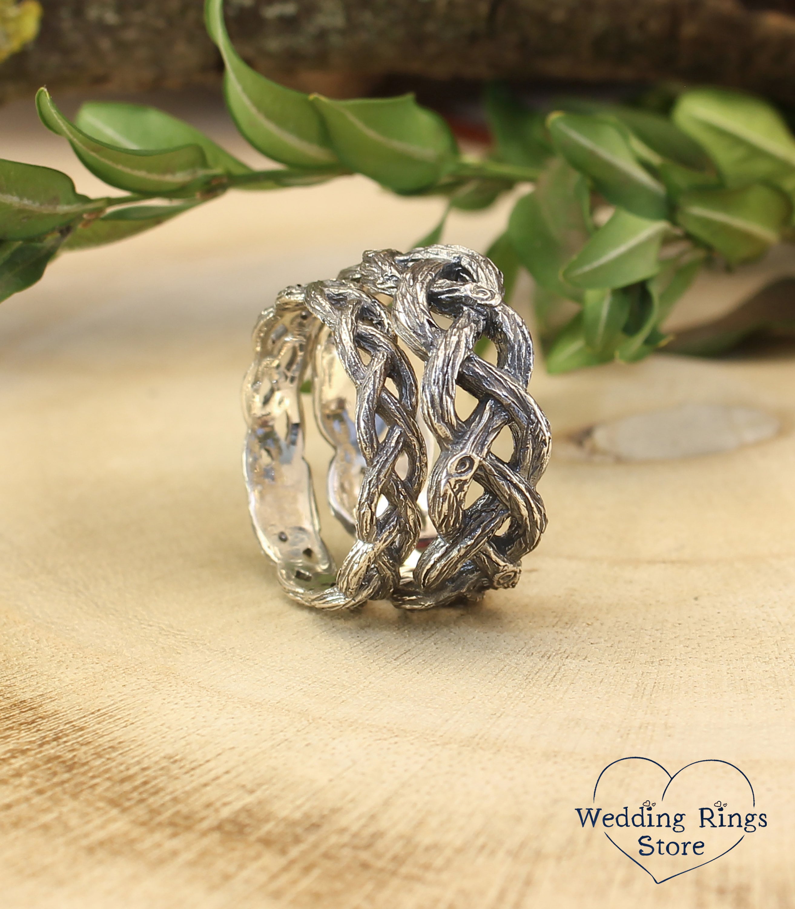 Braided Tree Branch Silver Wedding Ring Set for Him and Her - Etsy