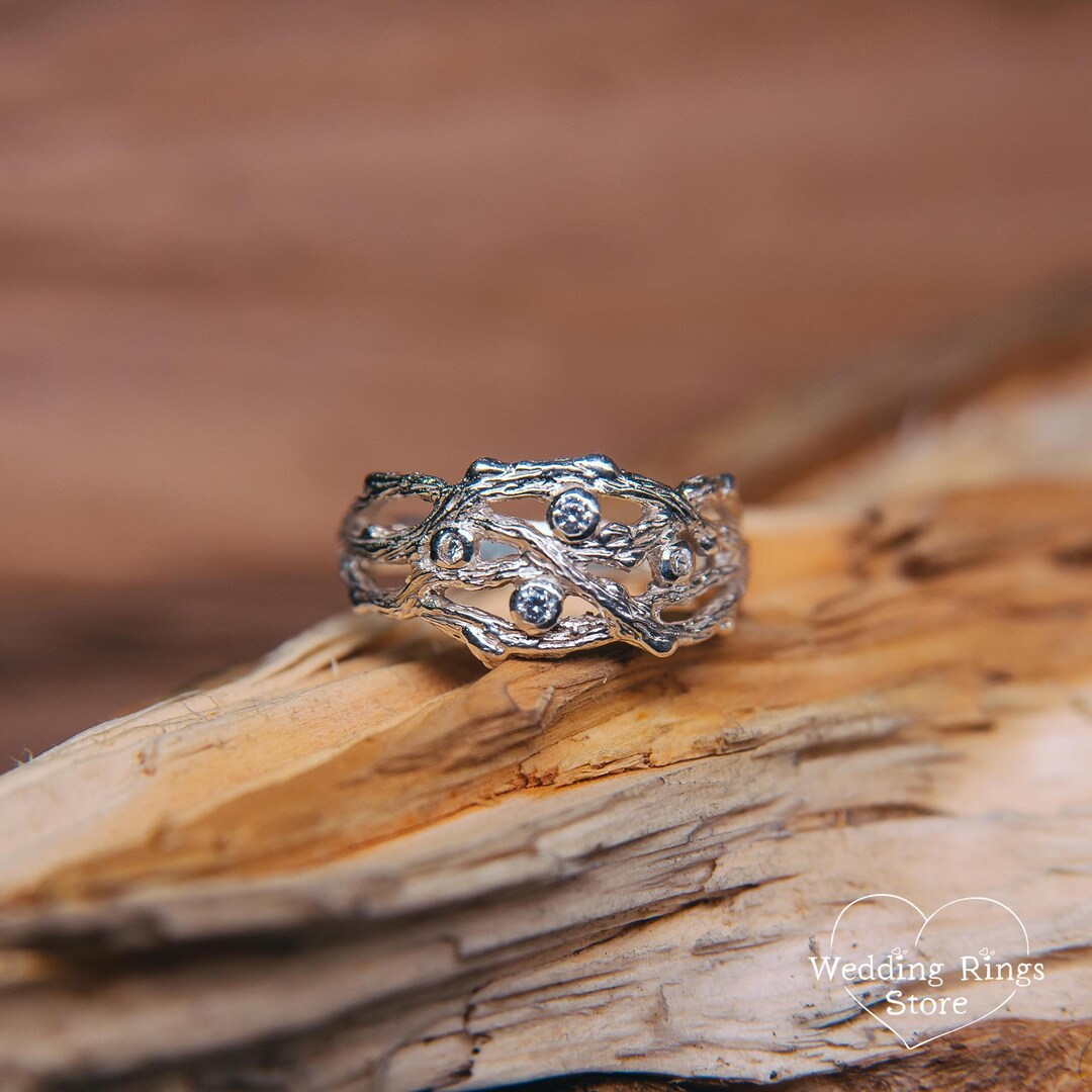 Braided Silver Tree Branch Nature Wedding Ring Boho Multi Stone ...