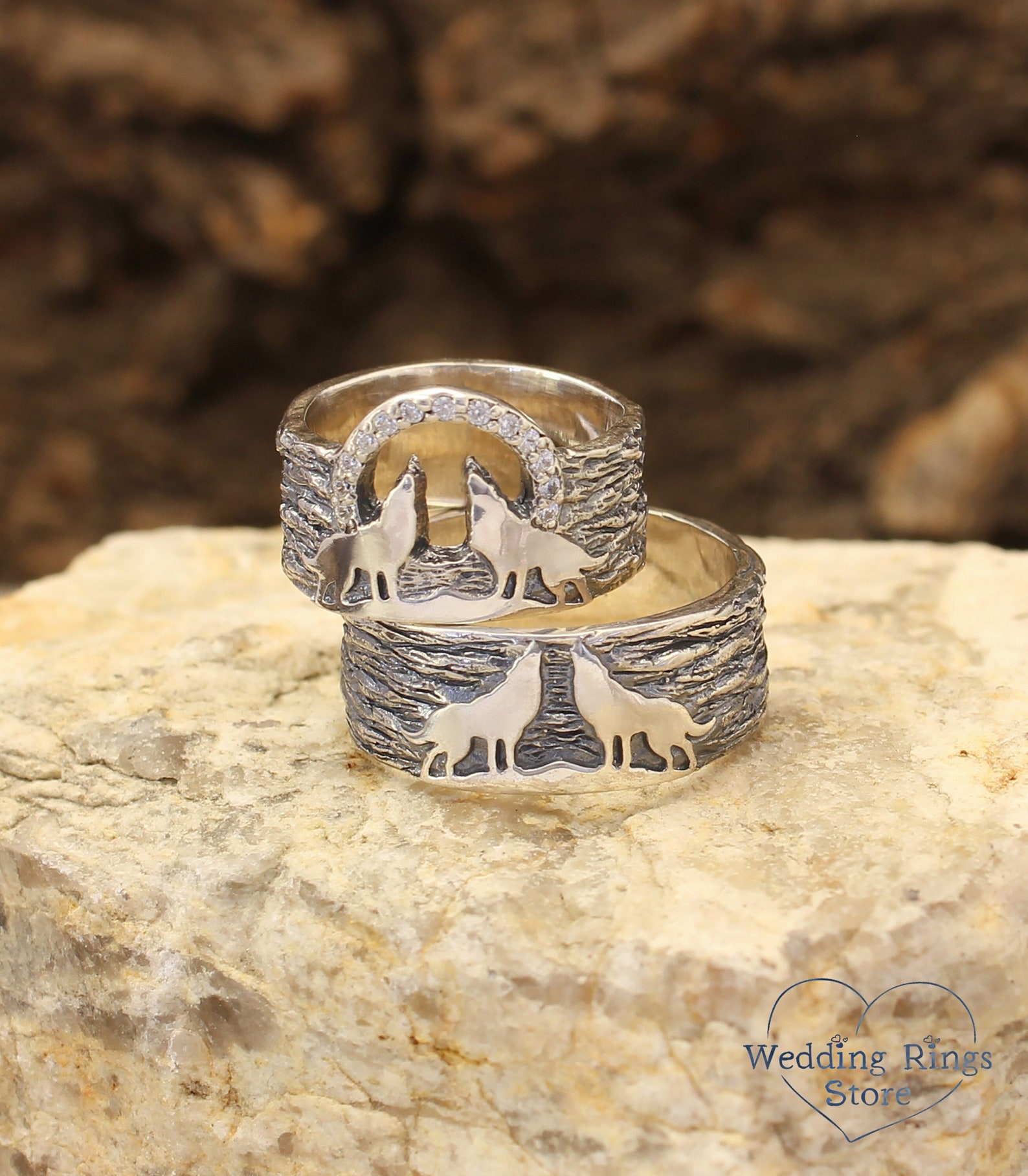 Matching Wolf Wedding Rings for Him and Her, Sterling Silver Animal ...
