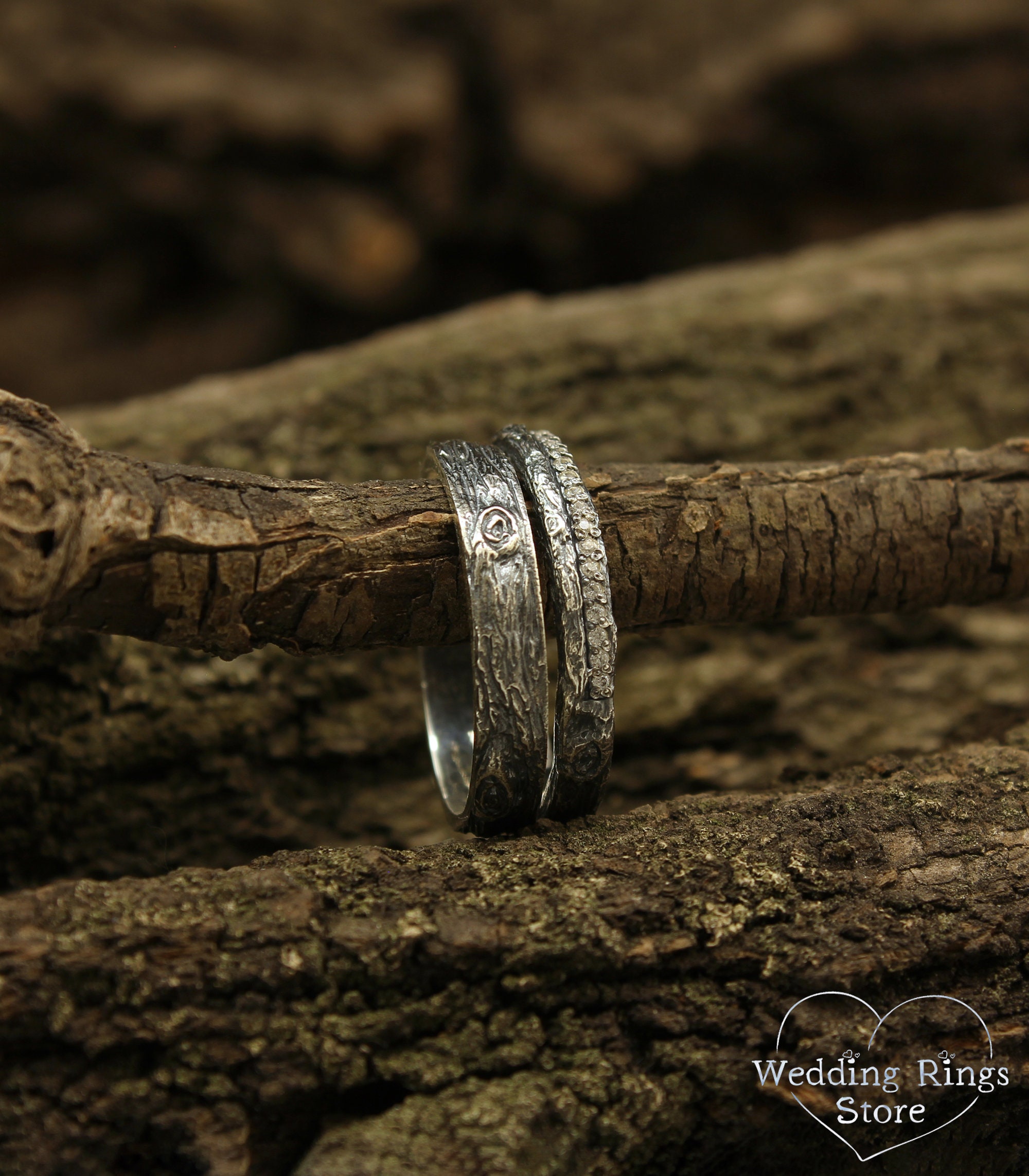 His and Her band set Forest rings set Tree bark bands | Etsy
