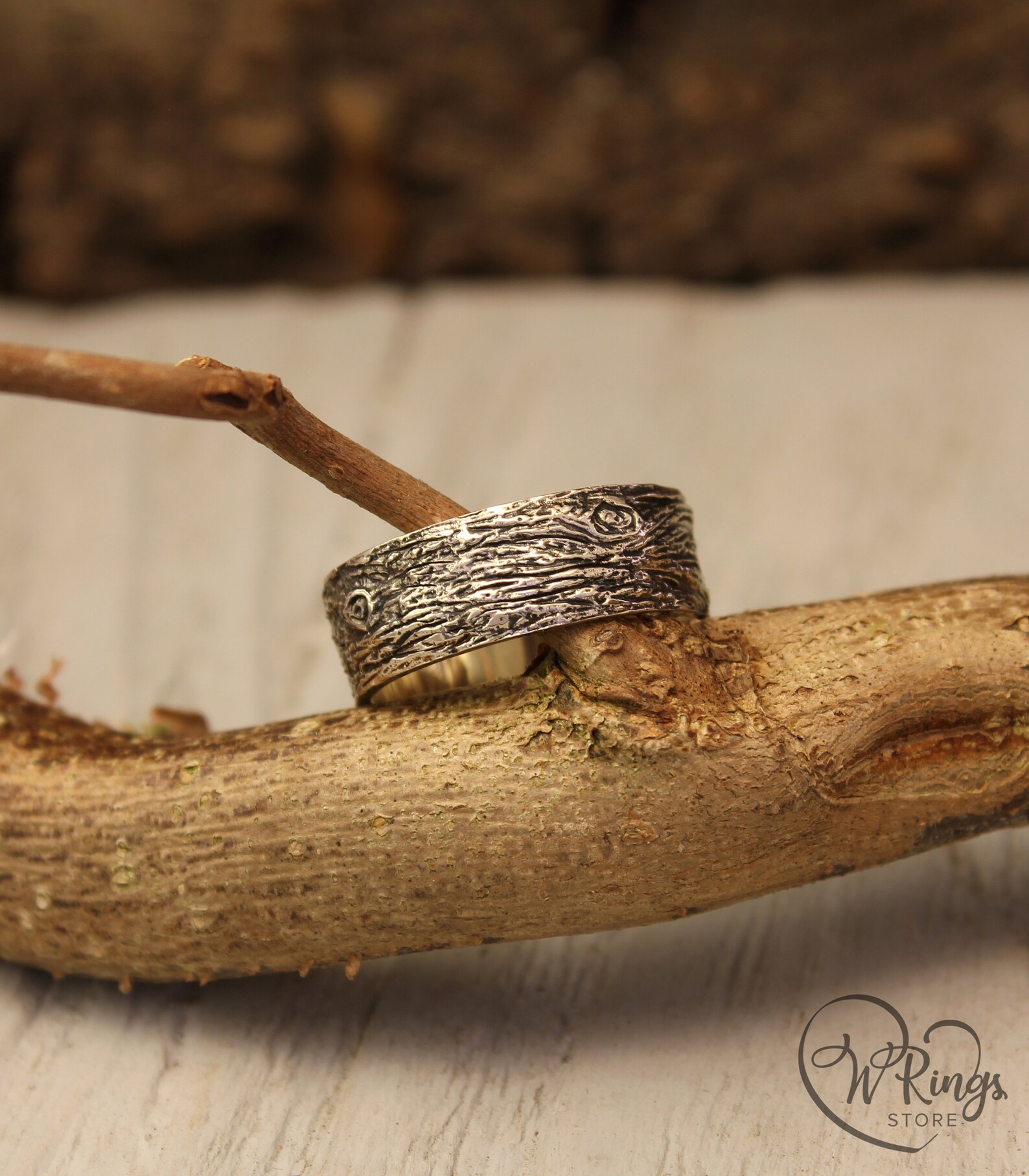 Men's wide tree bark band made in 14k solid white gold | Etsy