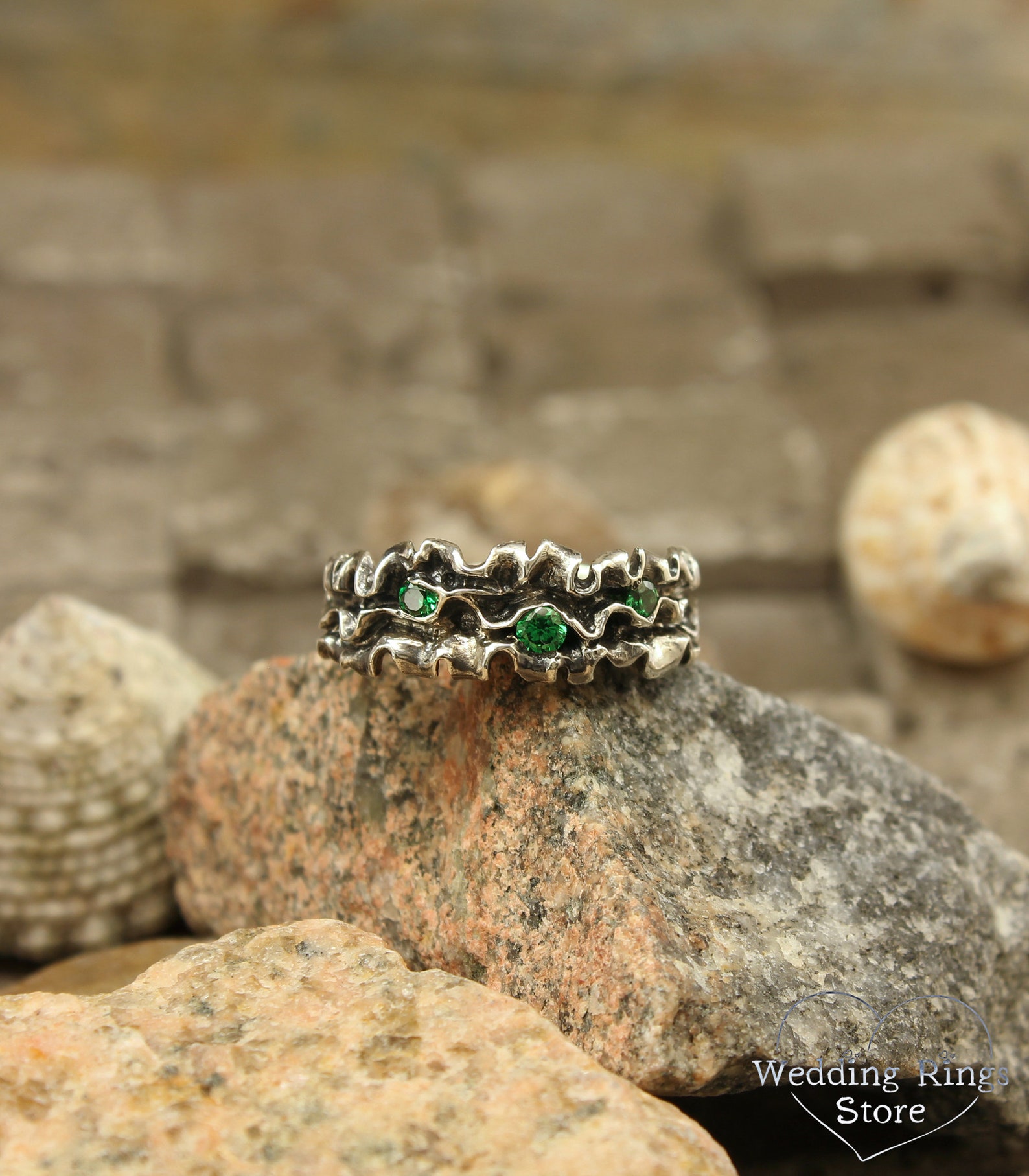 Algae Ring, Sea Ring With Emeralds, Ocean Ring, Sterling Silver Ring ...