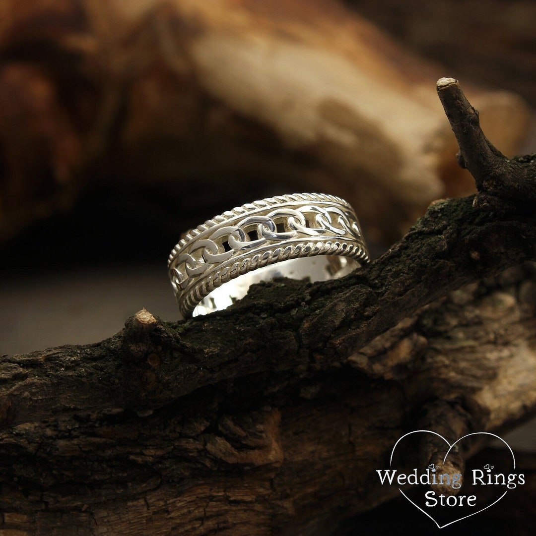 Silver Chain & Filigree Wedding Band - Womens Vintage Style Ring ...