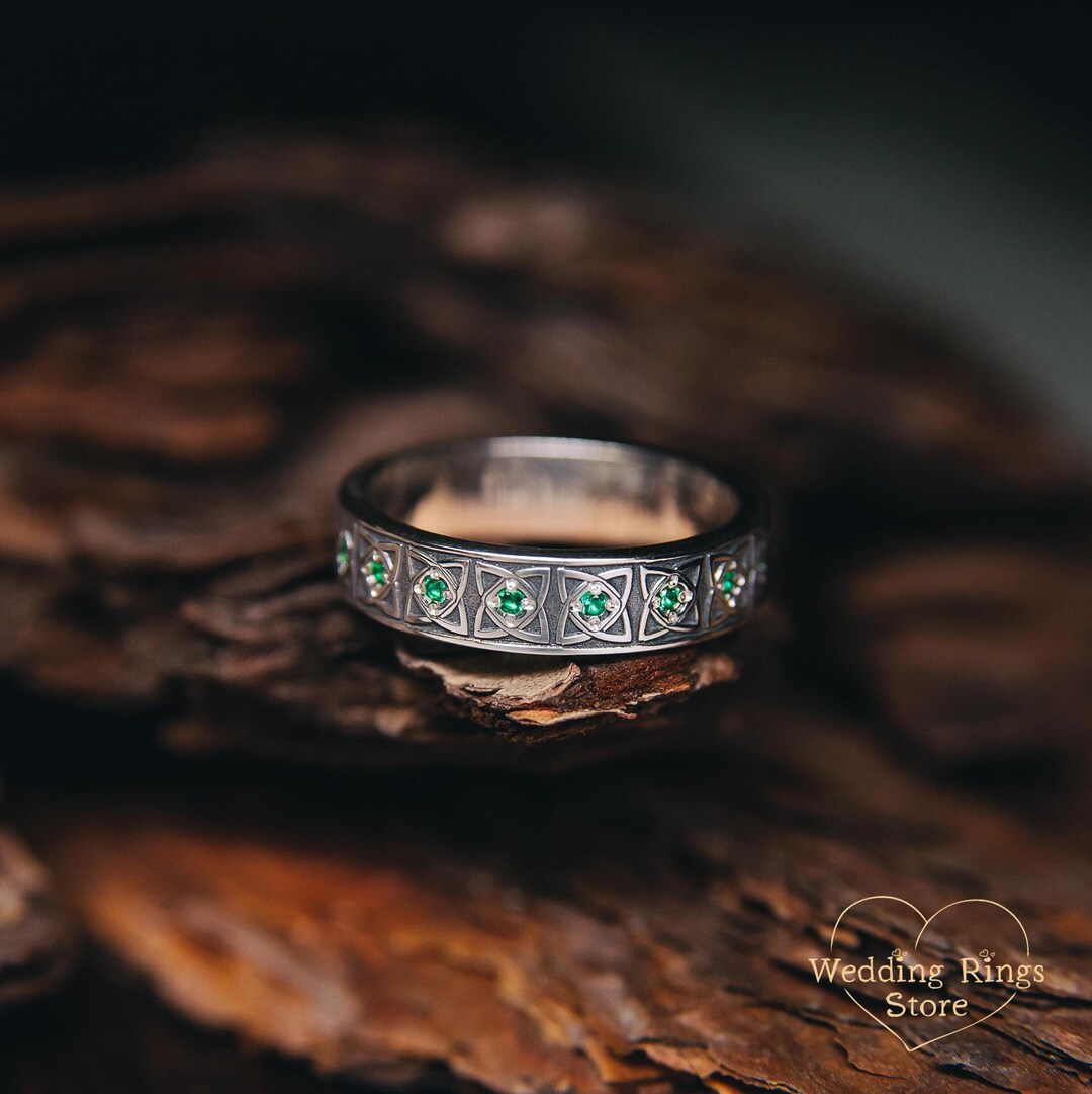 Emeralds in Celtic Wedding Band Silver Multi Gemstone Eternity Ring ...