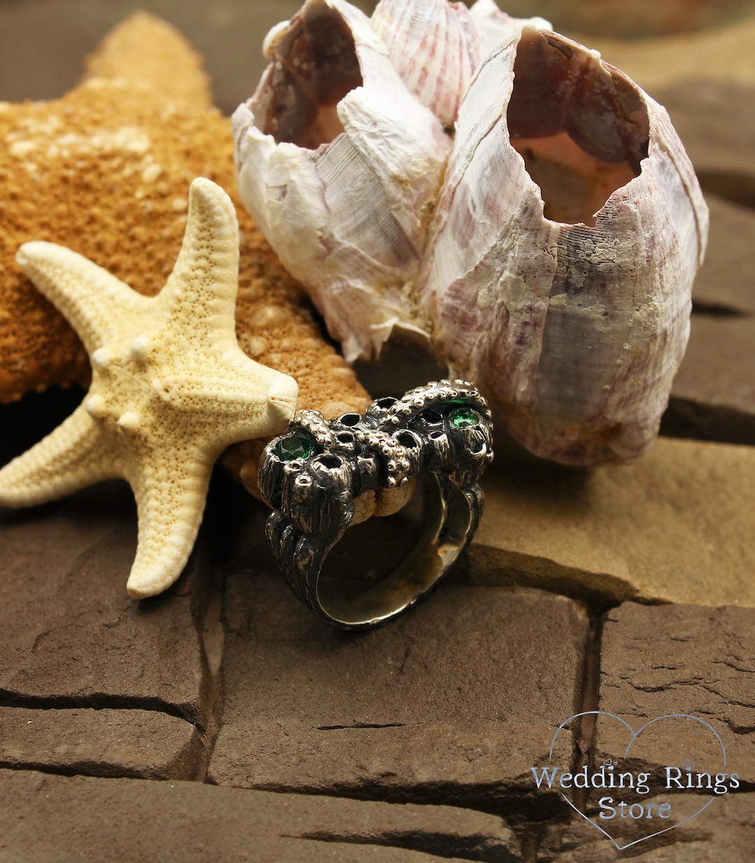Unique Seashells Ring, Ocean Emerald Ring, Octopus Ring, Tentacle Ring ...