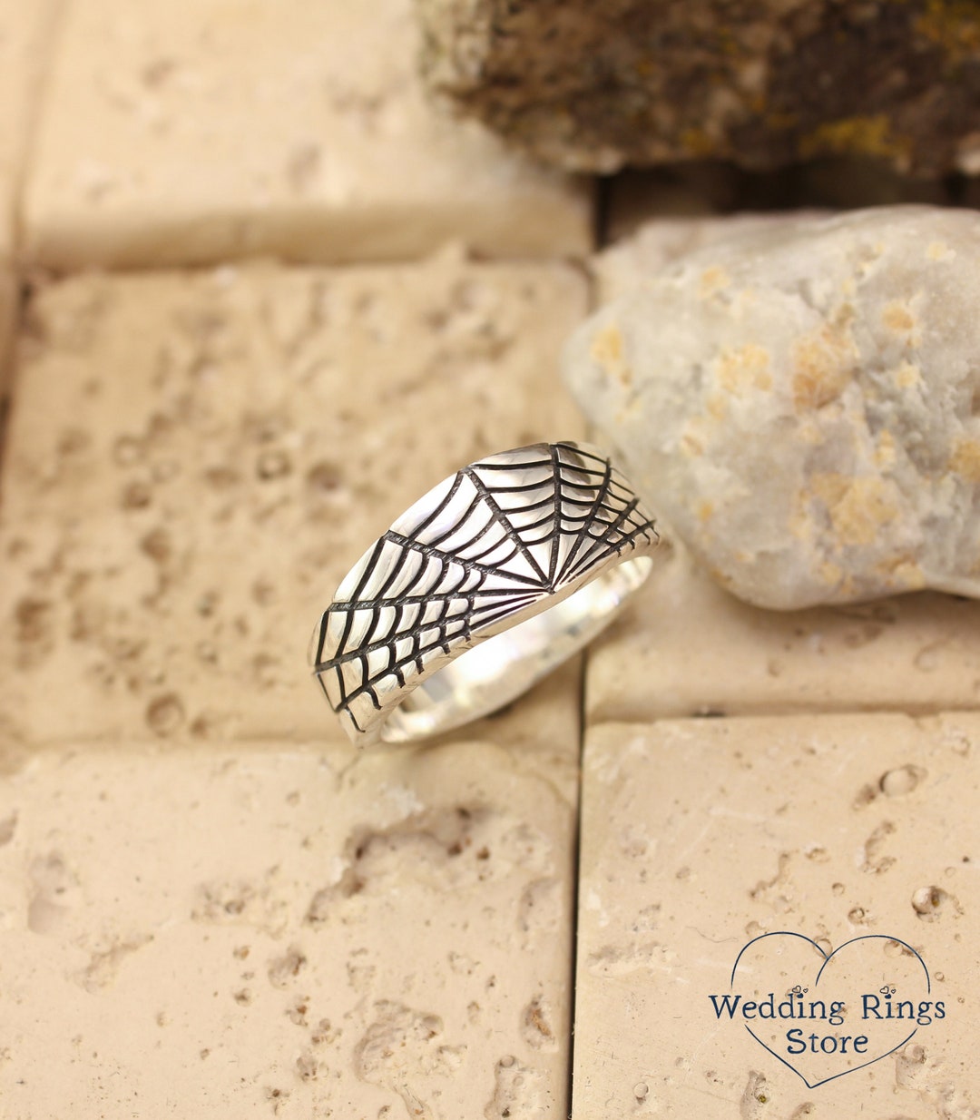 Spider Web Chunky Silver Ring for Him, Wide Silver Band Ring 9mm ...