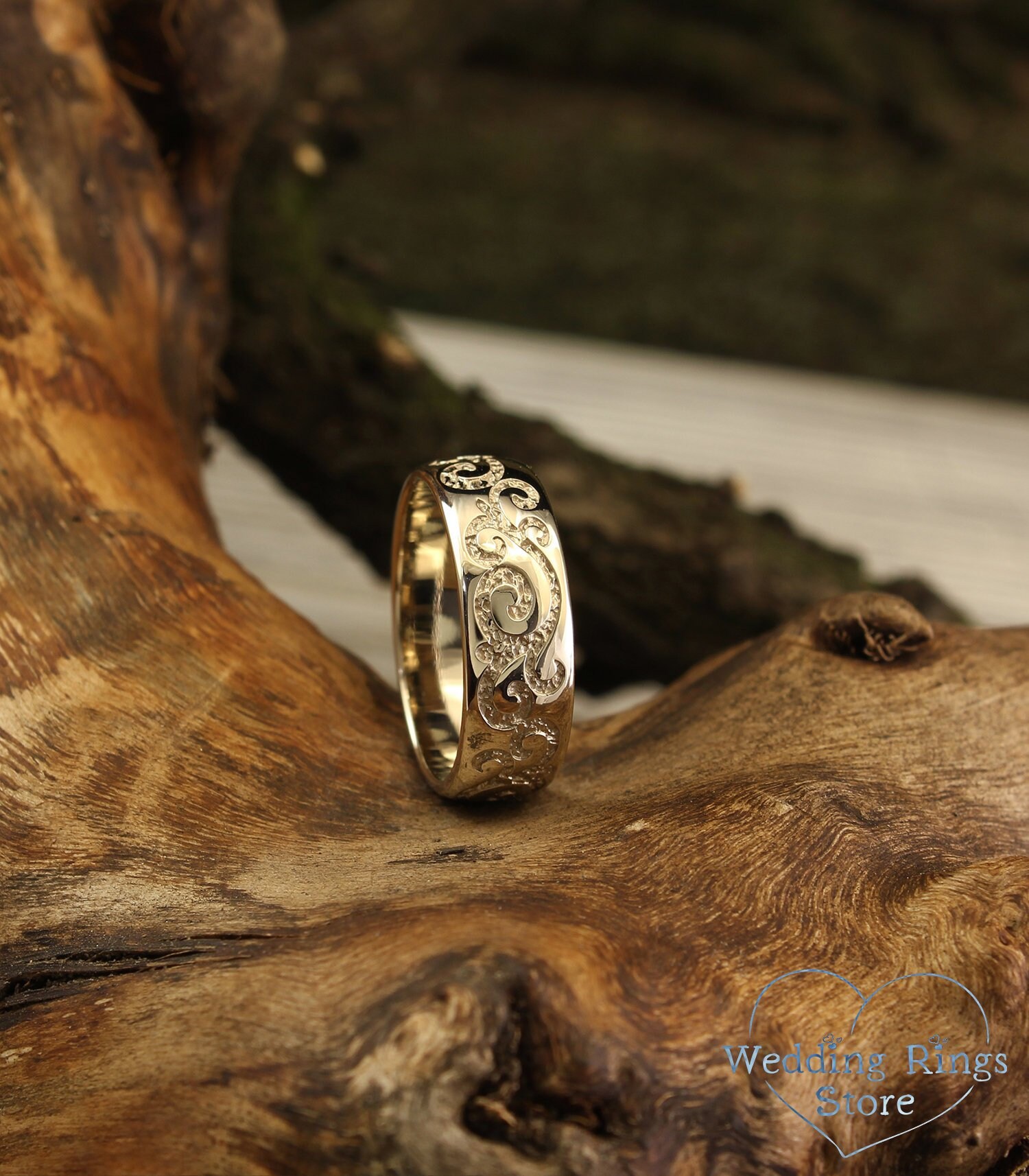 Unique Vine Wedding Band in Vintage Style, White Gold Unusual Band ...