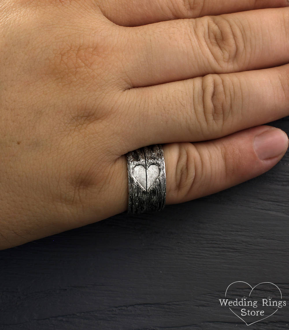 Family Heart Tree Bark Wedding Bands Set Half Heart Wedding - Etsy