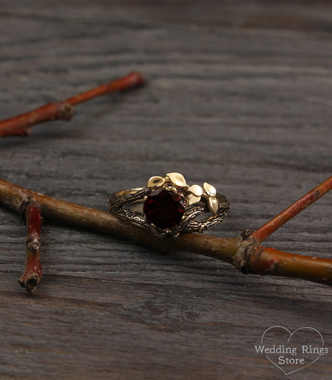Branch Gold Engagement Ring With Leaves, Garnet Sprig Ring, Garnet ...