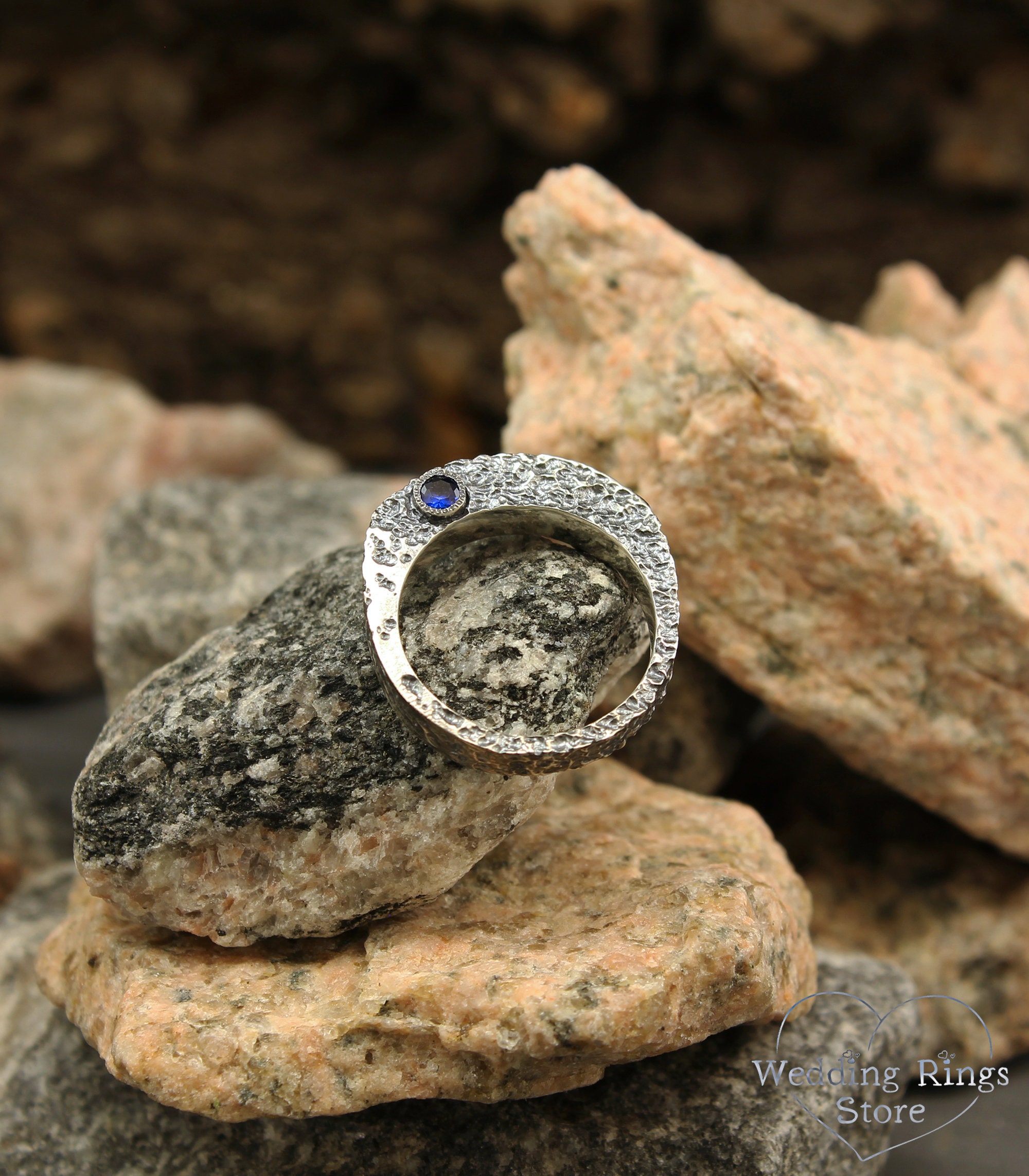 Unique lava ring with sapphire Sterling silver hammered ring | Etsy