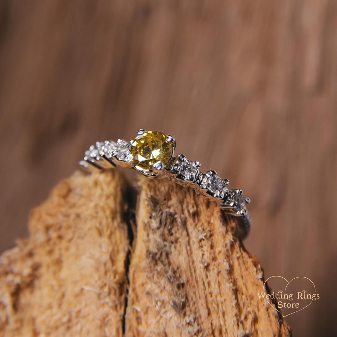 Citrine Engagement Ring With Side Stones Diamond Cubic Zirconia Unique ...