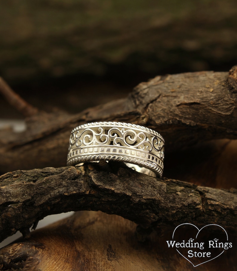Wide Vintage Style Vine & Filigree Wedding Band Antique Style - Etsy