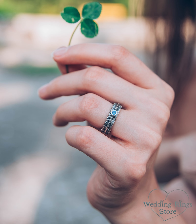 Tree Bark Band With Sapphire, Unique Durable Wedding Band, Rustic Ring ...