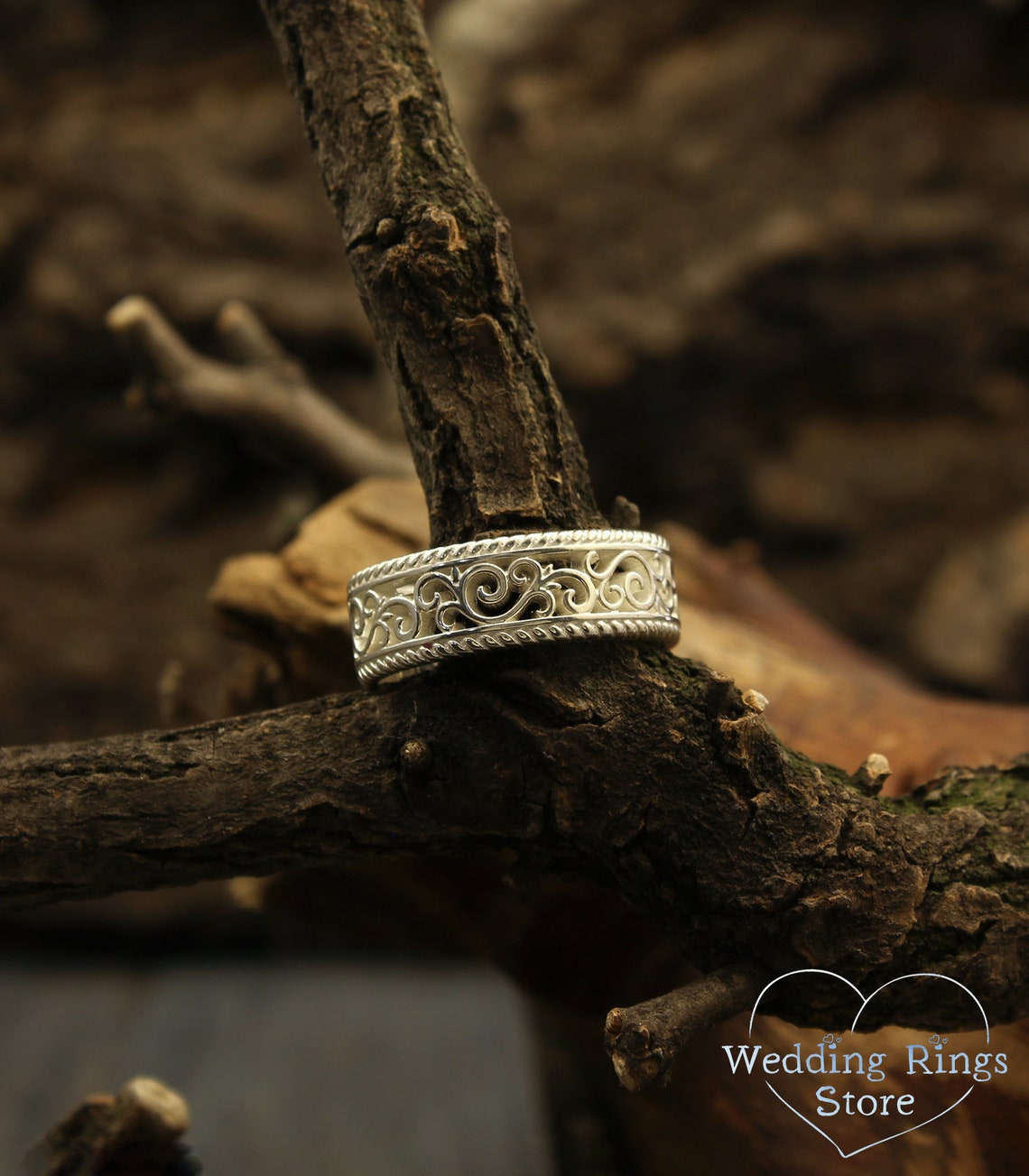 Vine and filigree unique wedding band Vintage style silver | Etsy