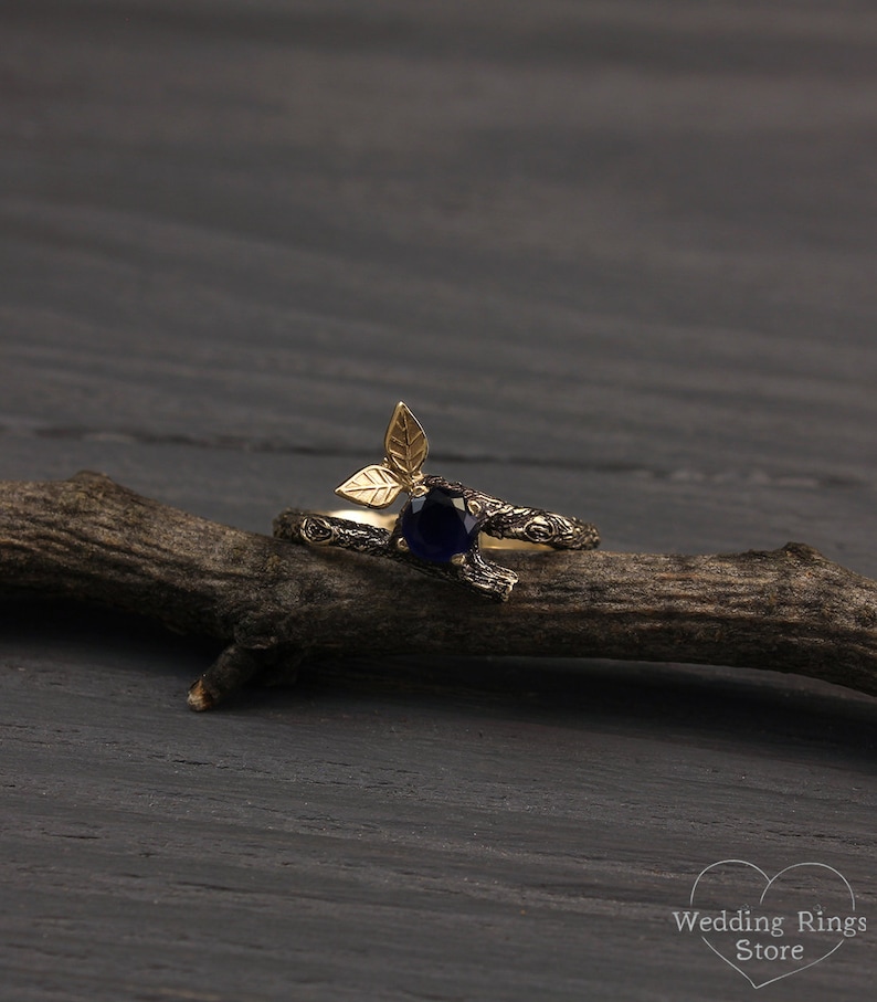 Gold Wrap Twig Natural Blue Sapphire Ring & Two Dainty Leaves Nature ...