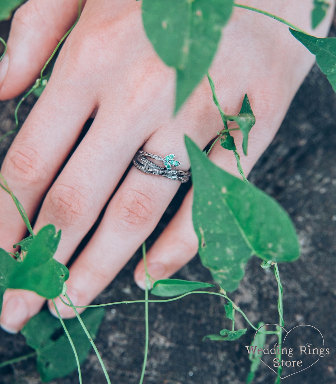 Twisted Branch Small Ring With Emerald, Branch and Leaves Ring, Tree ...