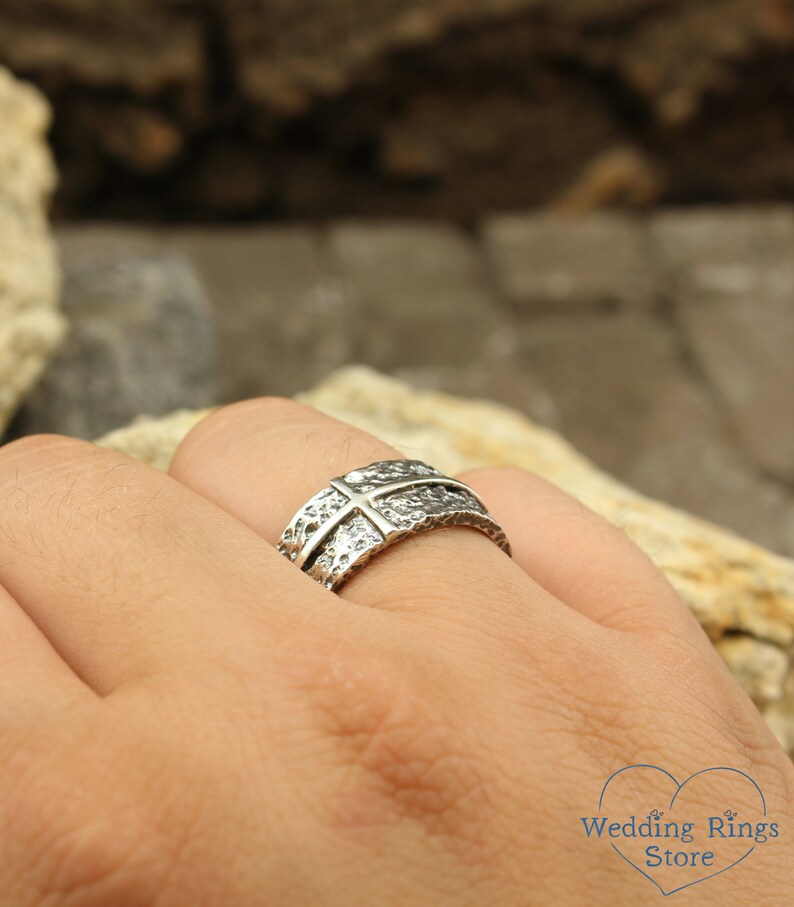 Wide hammered wedding band with cross Cross wedding ring | Etsy