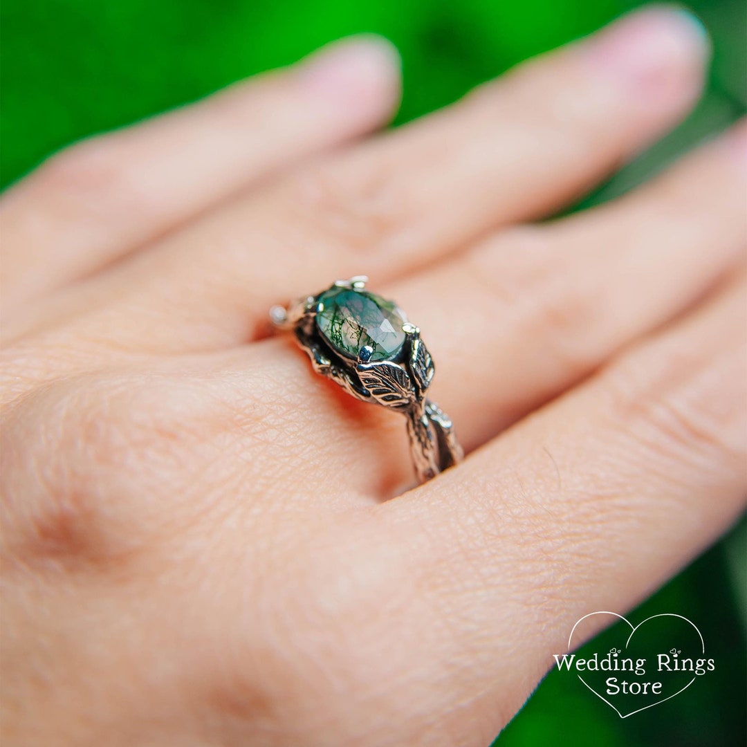 Delicate Leaves Moss Agate Ring Silver Split Twig Natural Green ...