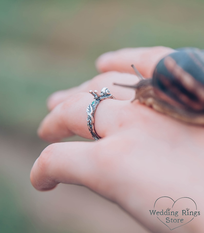 Snail on a Branch Ring With Emerald Tiny Sterling Silver - Etsy