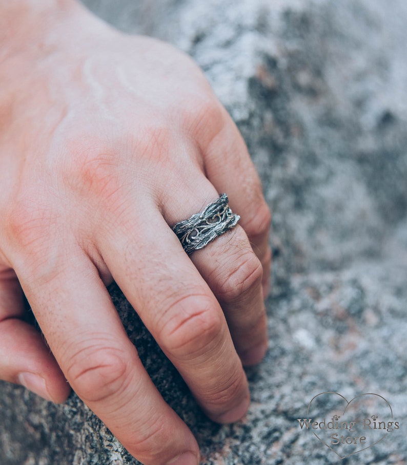 Rustic Style Tree Band Unique Men's Silver Wedding Band - Etsy