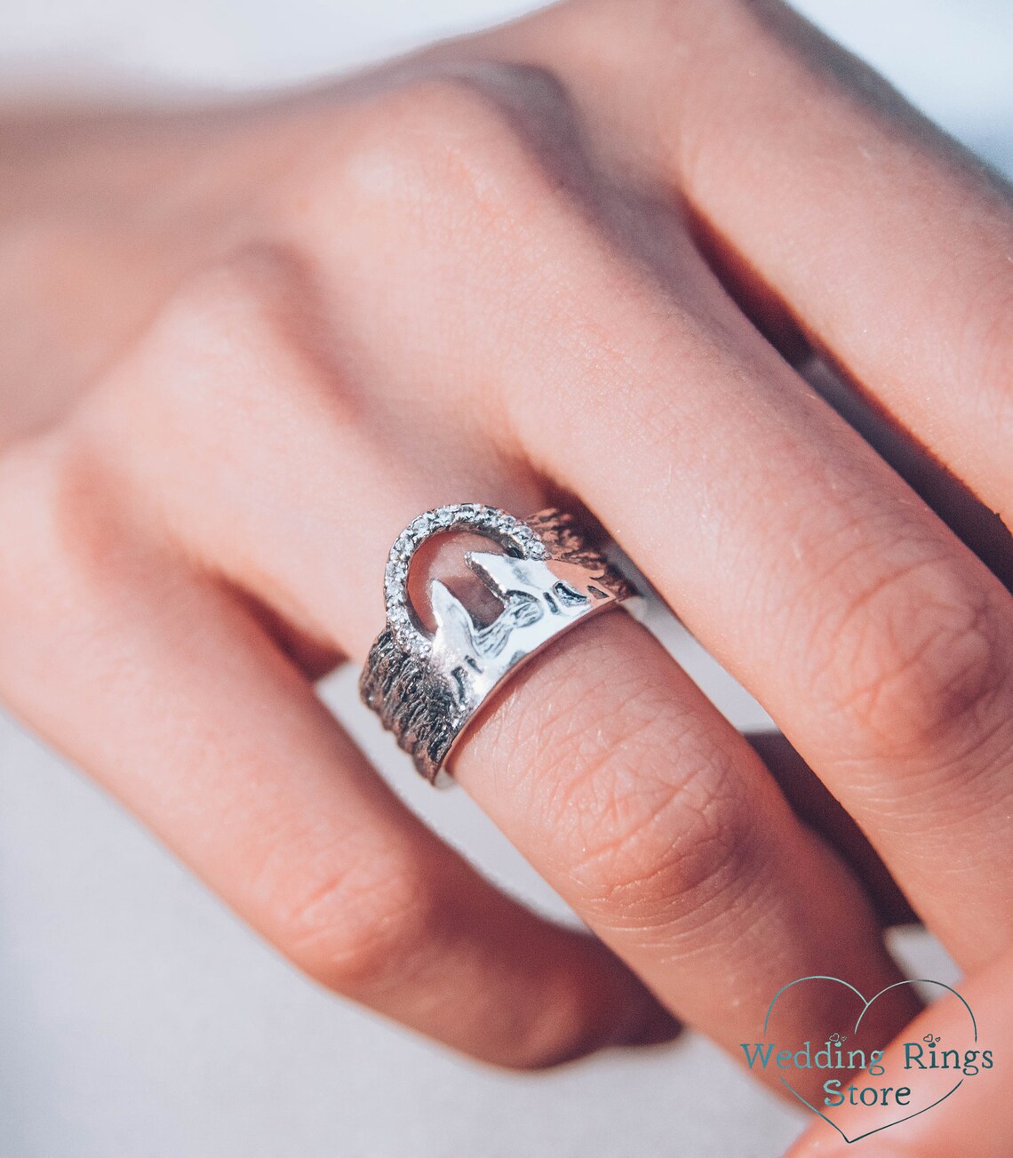 Two Wolves Sterling Silver Band With Cubic Zirconia Unique - Etsy