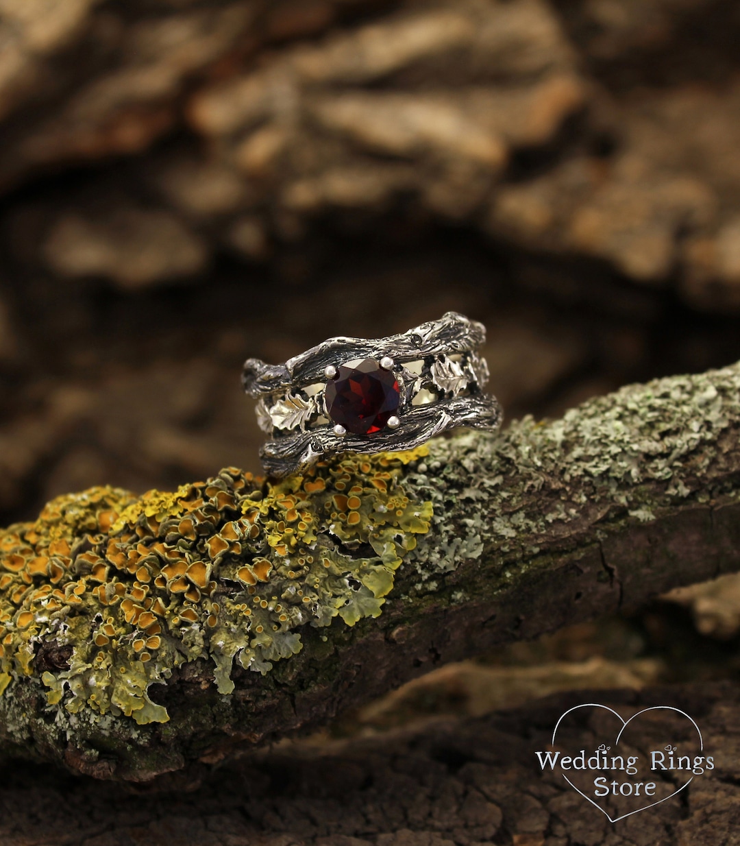 Massive Tree Branch and Oak Leaves Ring With Round Garnet 7mm, Men's ...