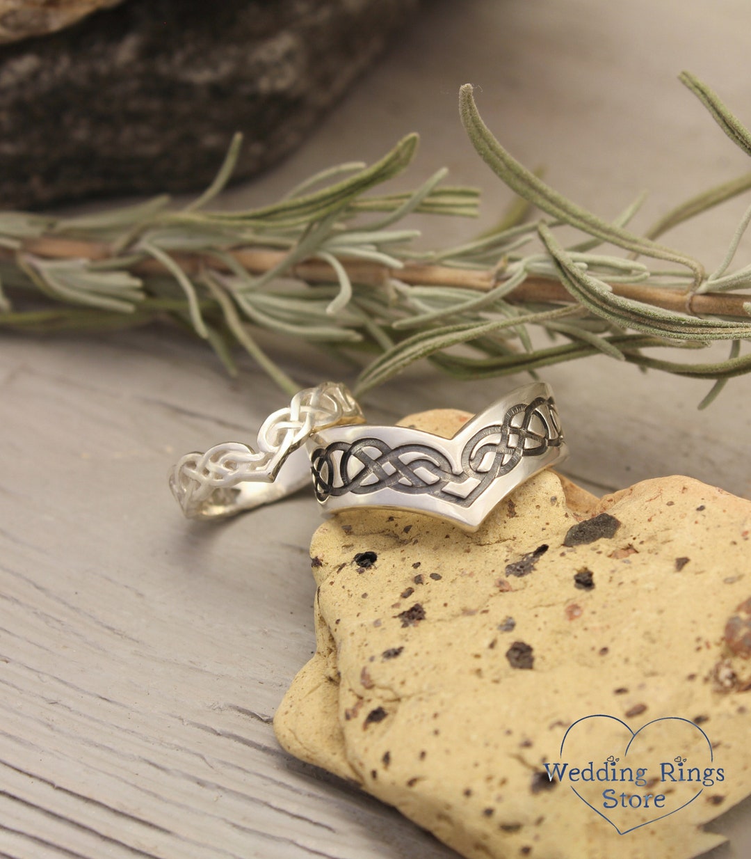 Celtic Wedding Rings Set, Sterling Silver Chevron Matching Couple Rings ...