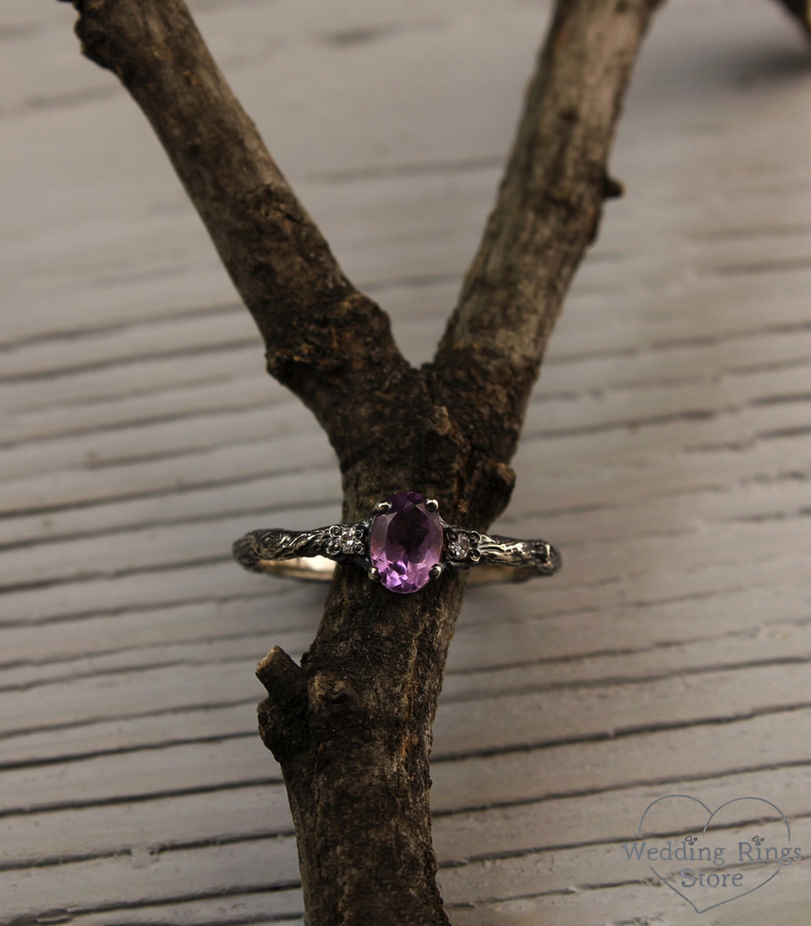 Small branch white gold engagement ring Amethyst and Diamonds | Etsy