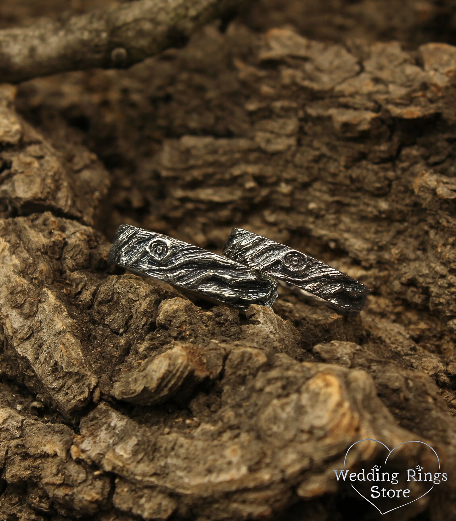 Woodbark Wedding Bands Set His Her Tree Bark Rings Set | Etsy