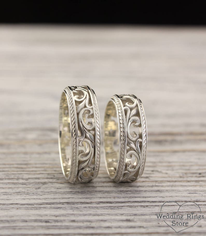 Vintage Style Silver Wedding Bands Nature Wedding Rings - Etsy