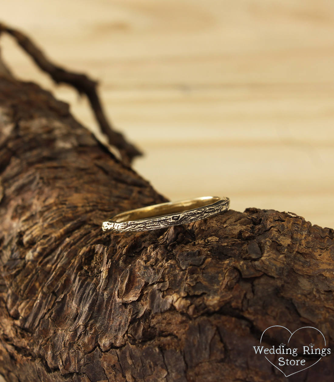 Tree Dainty Wedding Band, Tree Bark Band in Black Finish, Nature ...