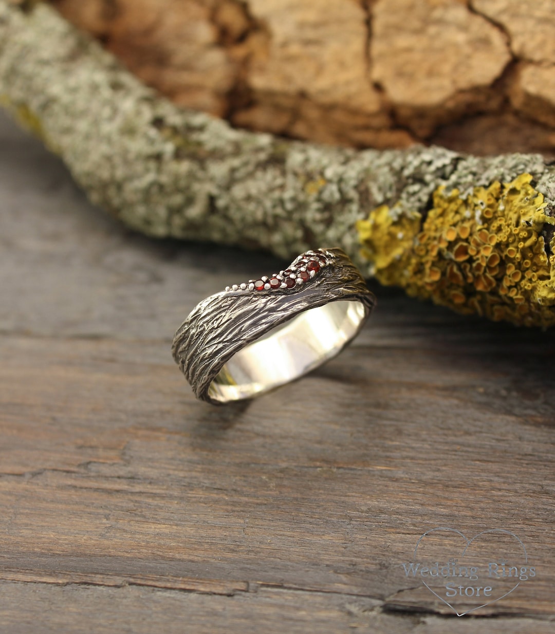 Tree Bark Wide Wedding Band With Garnets, Sterling Silver Textured in ...