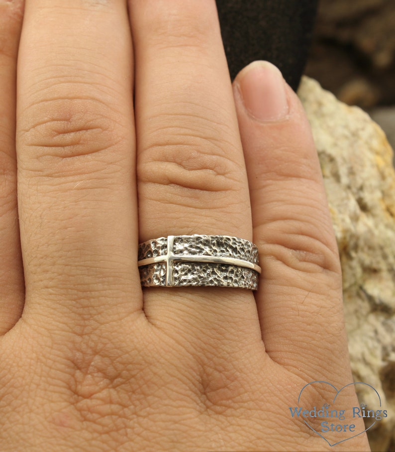 Wide hammered wedding band with cross Cross wedding ring | Etsy