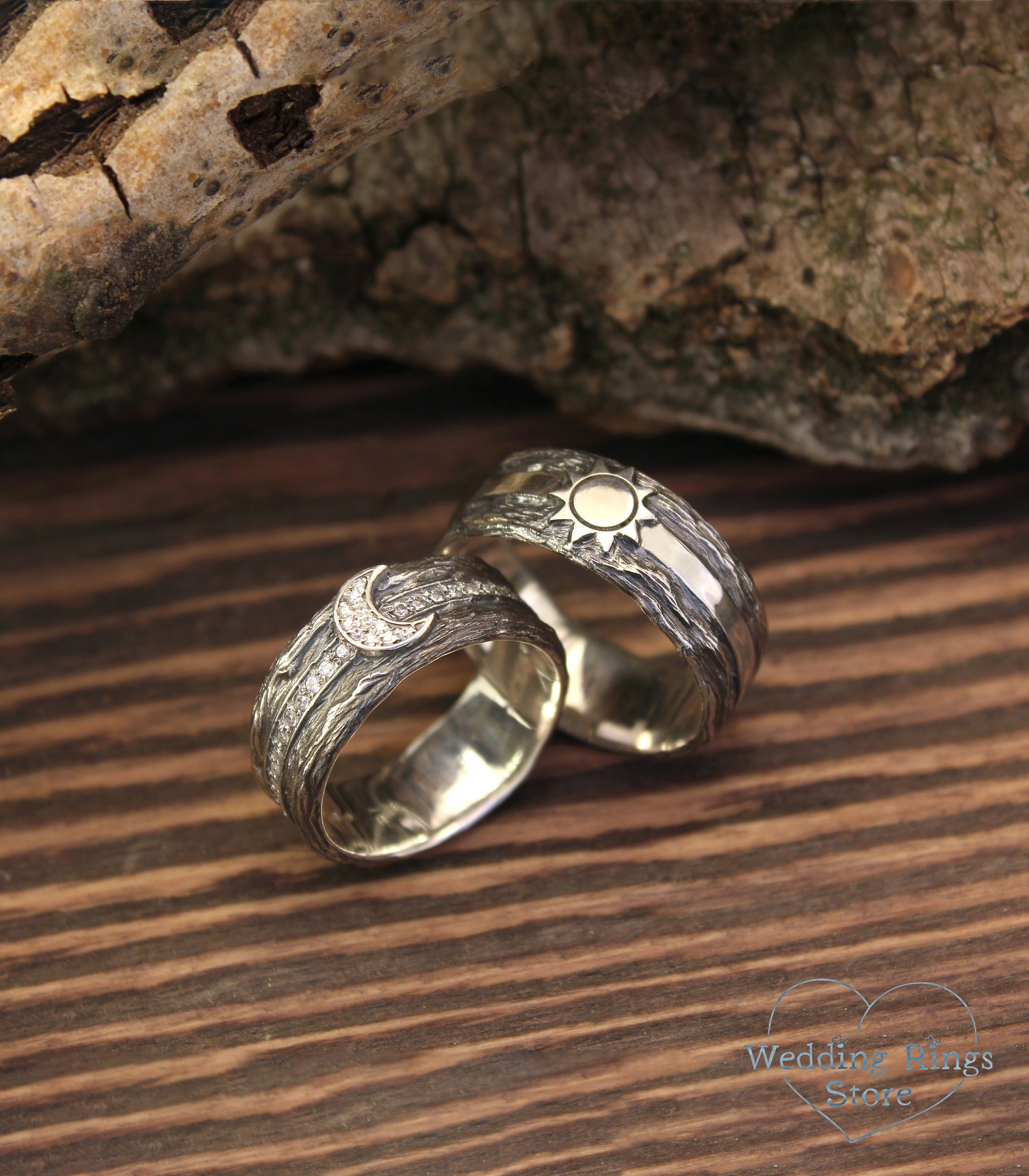Sun and Moon Matching Wedding Bands Made in Solid Sterling - Etsy