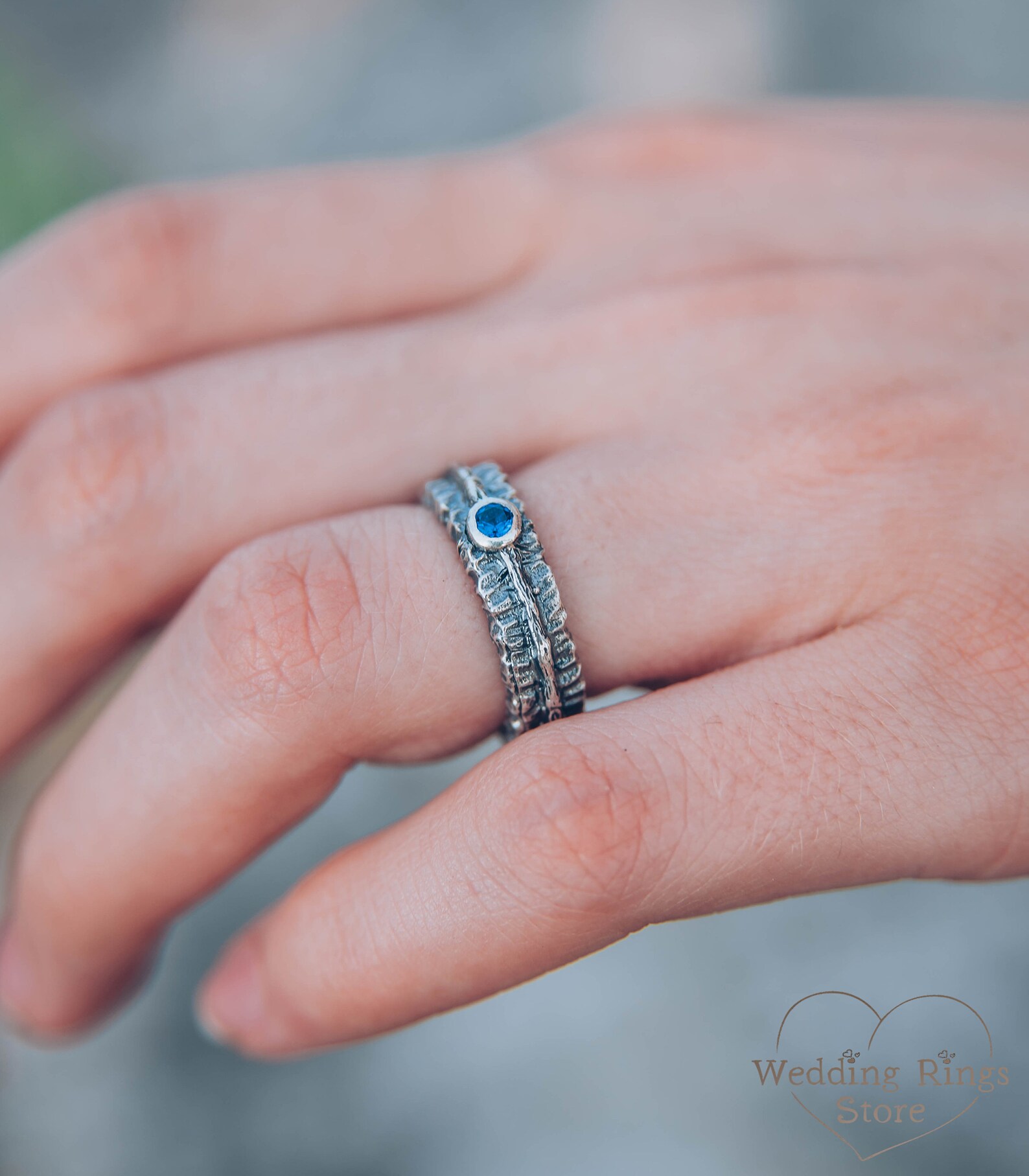 Tree Bark Band With Sapphire, Unique Durable Wedding Band, Rustic Ring ...