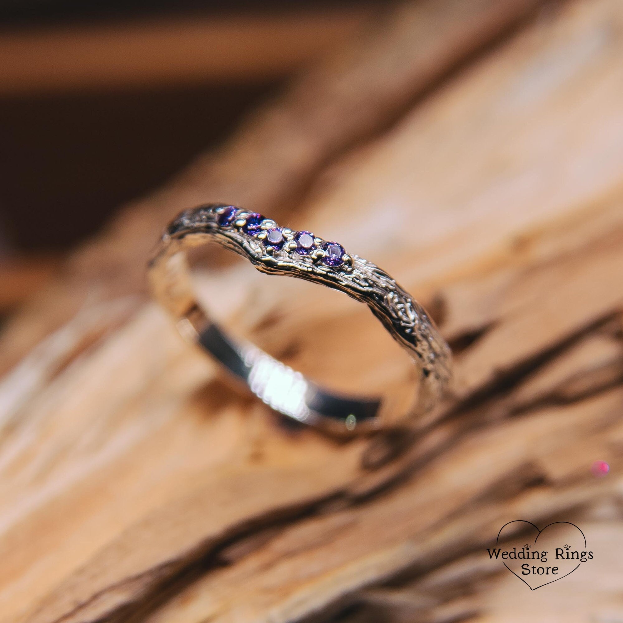 Multi Stone Amethysts Curved Wedding Band Silver Tree Bark Nature ...