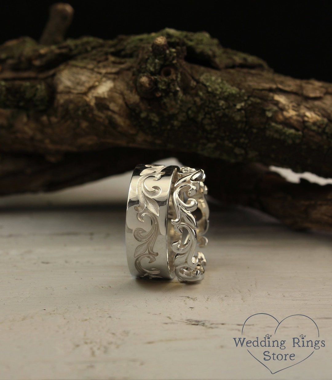 Vine Wedding Bands Set in Vintage Style, Unique Silver Wedding Rings ...