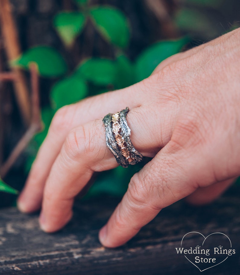 Oak Leaves and Branch Wedding Band Unique Tree Bark Band 14k | Etsy