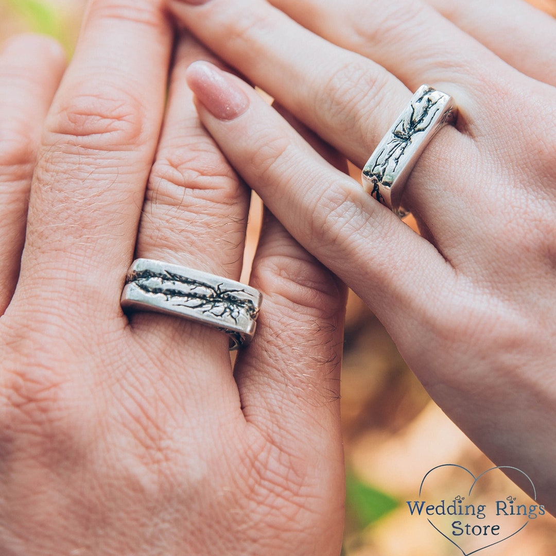 Rectangular Wedding Band Set His and Hers Unique - Cracked Silver ...