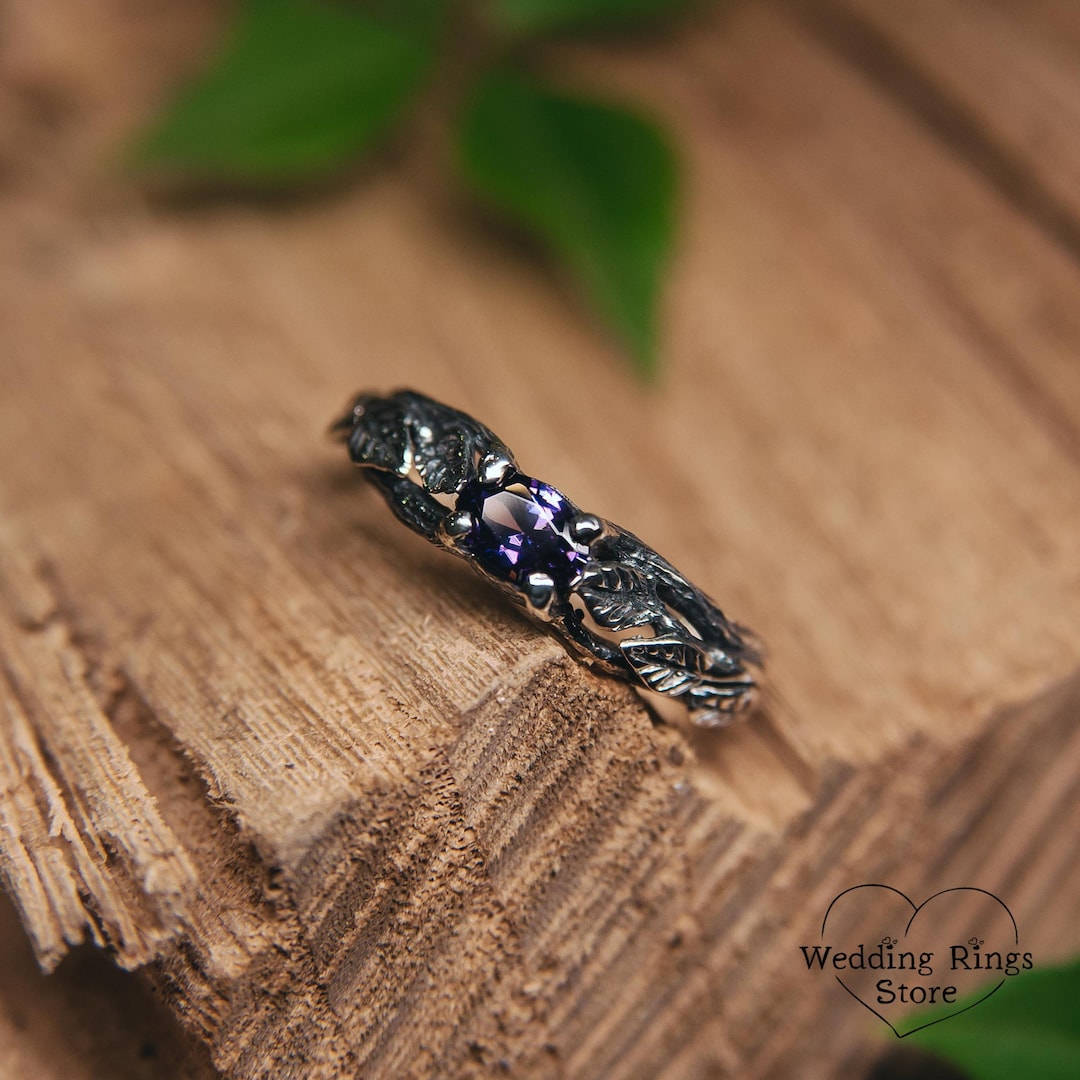 Oval Amethyst Tree Branch Engagement Ring Multiple Leaves Floral Nature ...