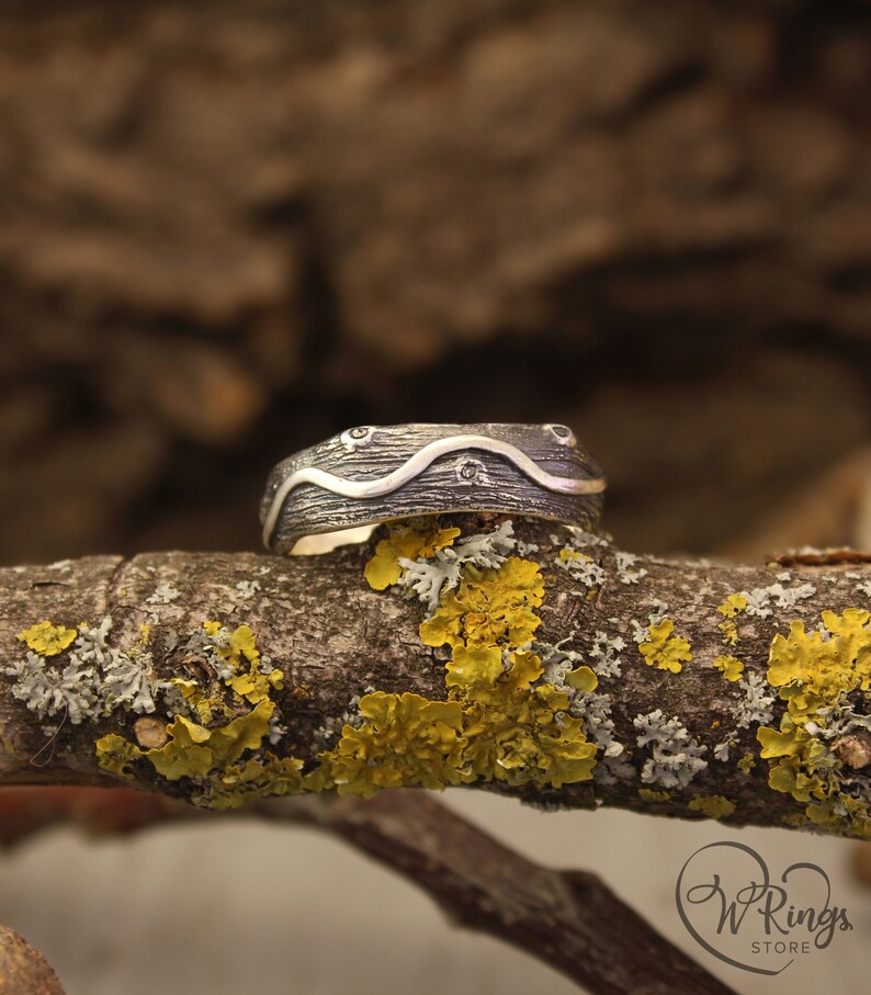 Unusual Wave and Tree Bark Silver Band, Wavy Line on a Tree Band for ...