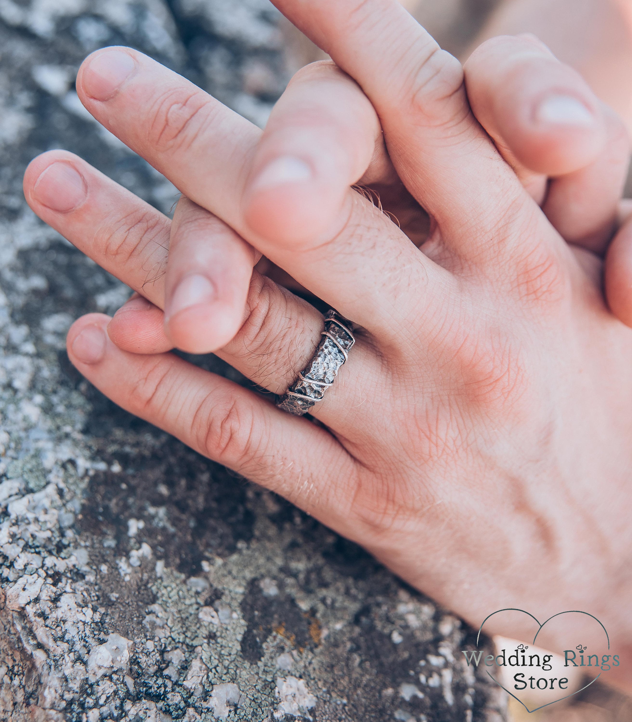 Men's Hammered Wedding Band in Silver, Unique Men's Rocky Wedding Ring ...