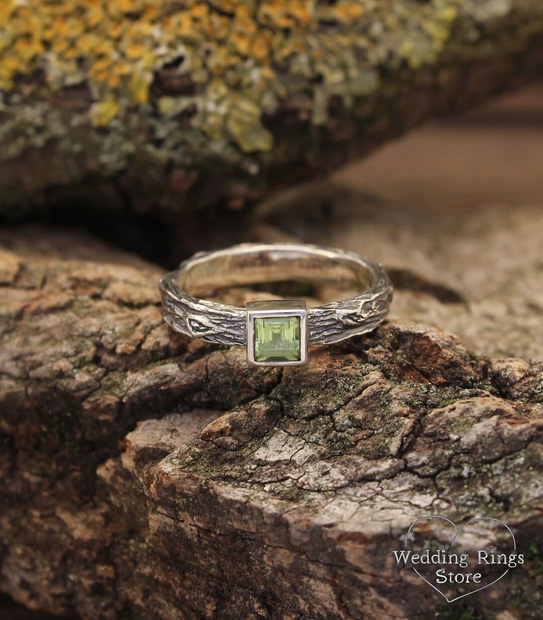 Square Peridot Engagement Silver Ring, Tree Branch Gemstone Ring Women ...