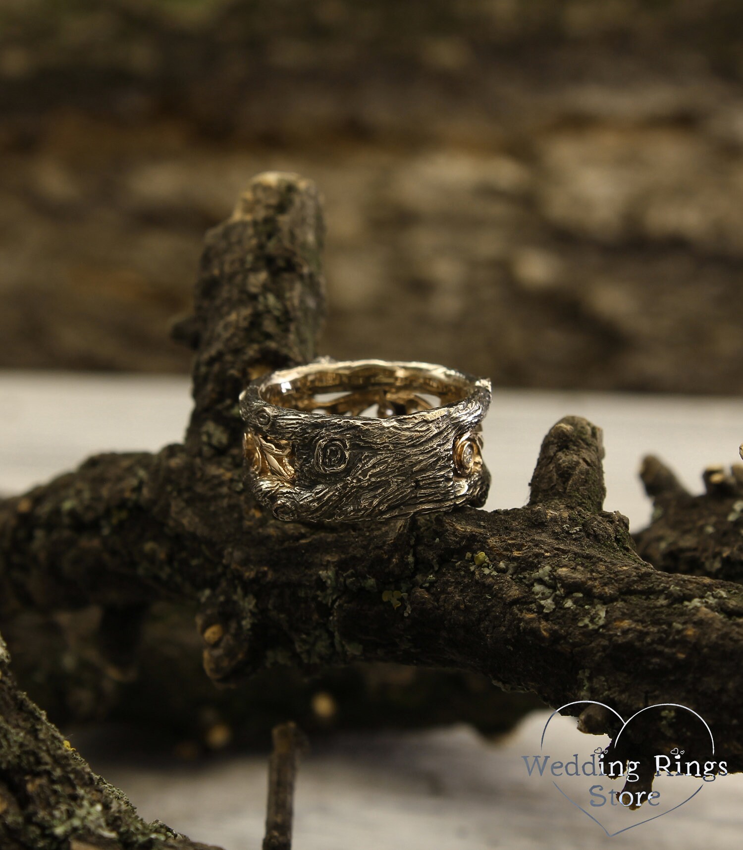 Tree bark and diamonds vintage style wedding band Diamond | Etsy